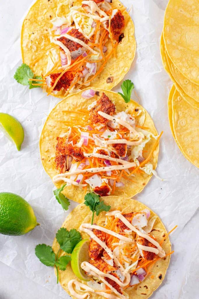 Crispy Blackened Fish Tacos with Spicy Cream Sauce