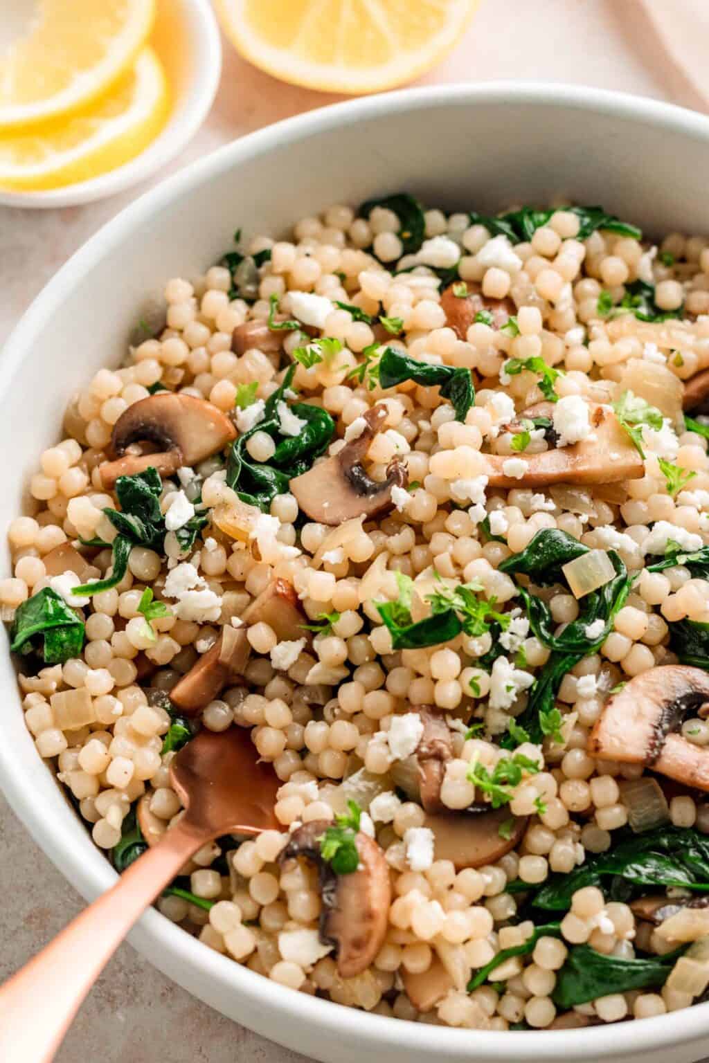One Pan Vegetarian Couscous Dinner with Mushrooms and Spinach | Quick ...